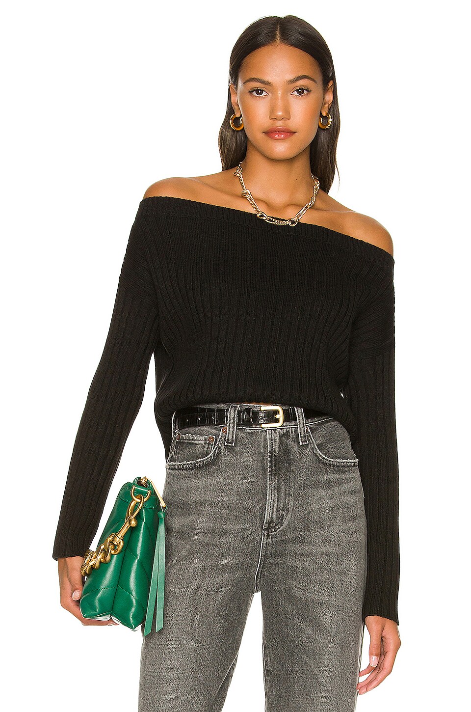 Alice + Olivia Jonah Off The Shoulder Ribbed Cropped Sweater in Black ...