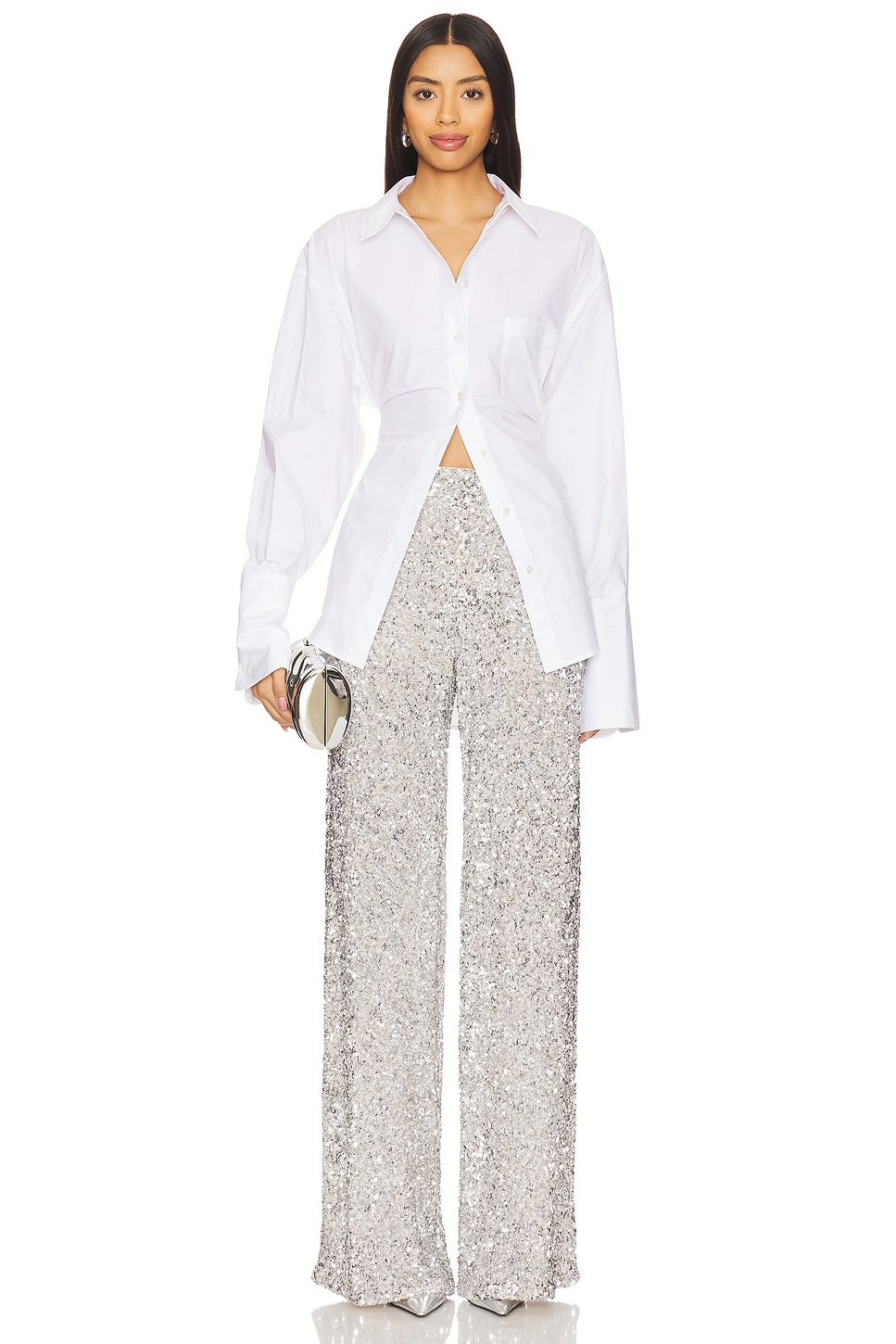 Alice + Olivia Mame Sequin Mr Wide Leg Pant in Silver | REVOLVE