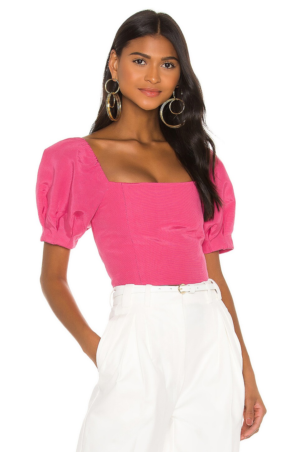 Alice + Olivia Joslyn Puff Sleeve Cropped Top in Wild Pink | REVOLVE