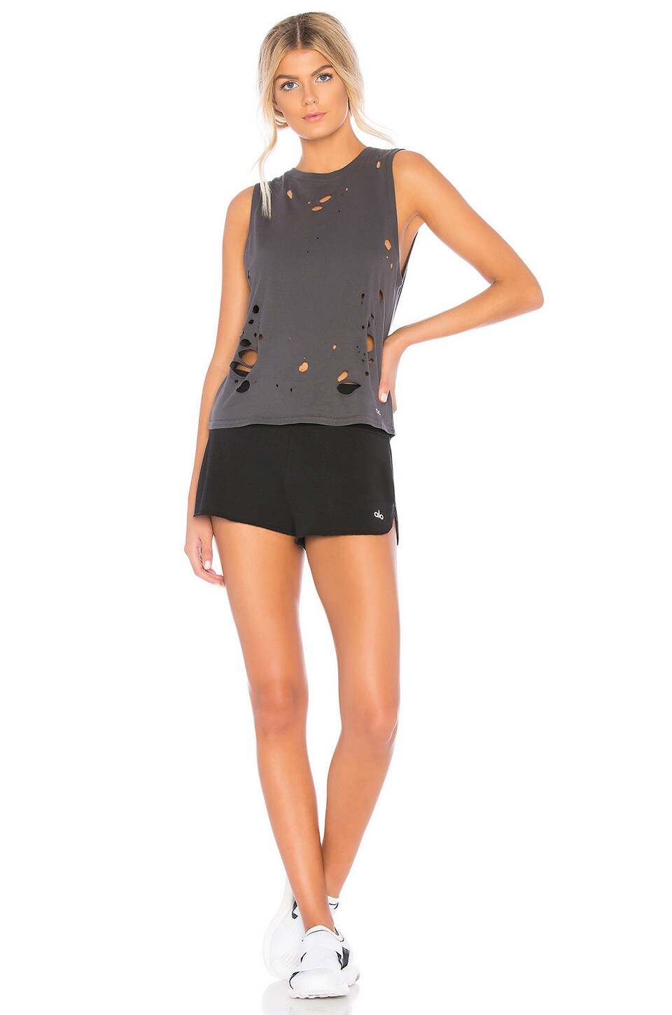 alo Harley Muscle Tank in Anthracite Distressed Holes | REVOLVE