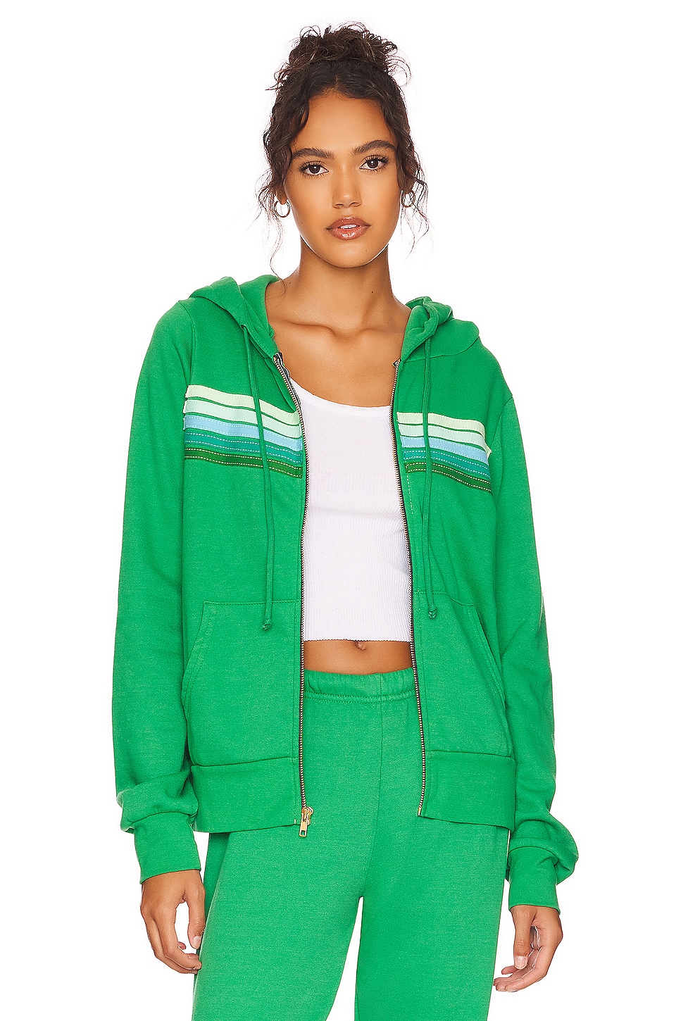 Aviator Nation 5 Stripe Zip Hoodie in Heather Grey & Pink Purple | REVOLVE