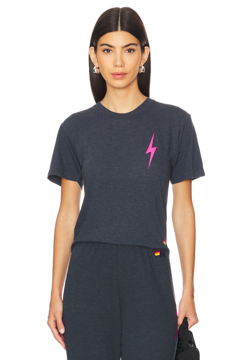 Aviator Nation Bolt 2 Boyfriend Tee in Charcoal & Neon Pink | REVOLVE