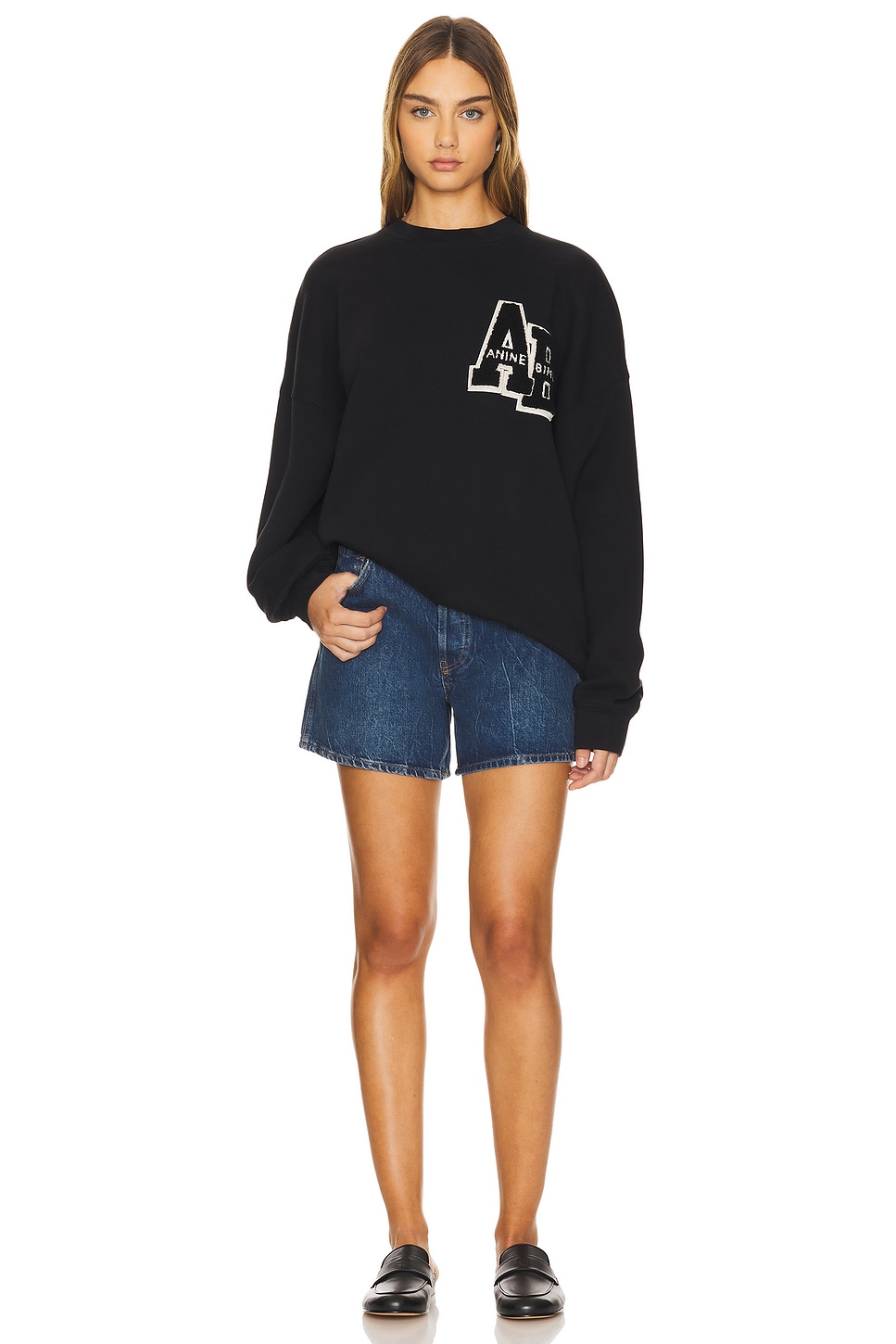 ANINE BING Miles Letterman Sweatshirt in Black | REVOLVE