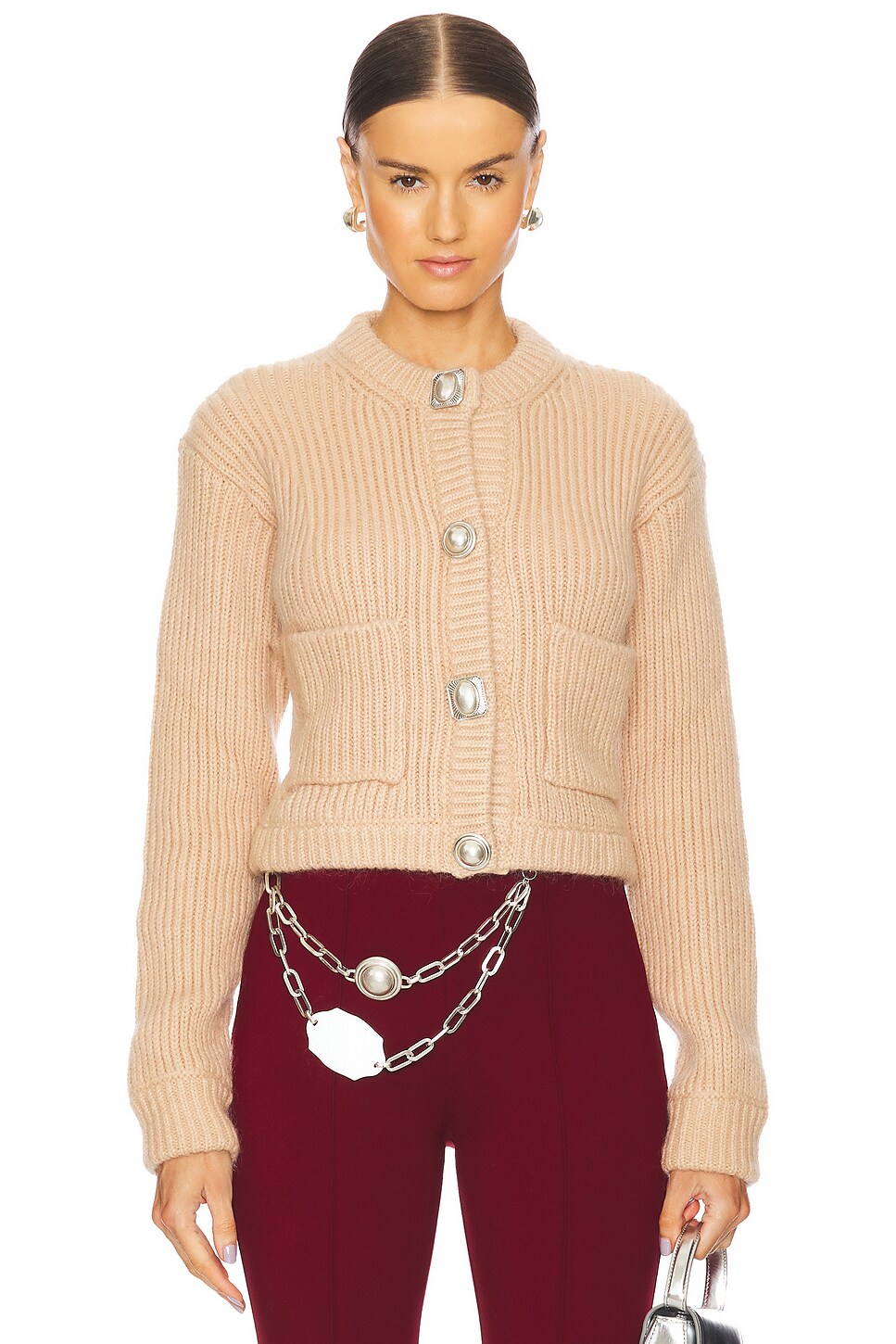 AREA Gemstone Button Cardigan in Light Beige | REVOLVE
