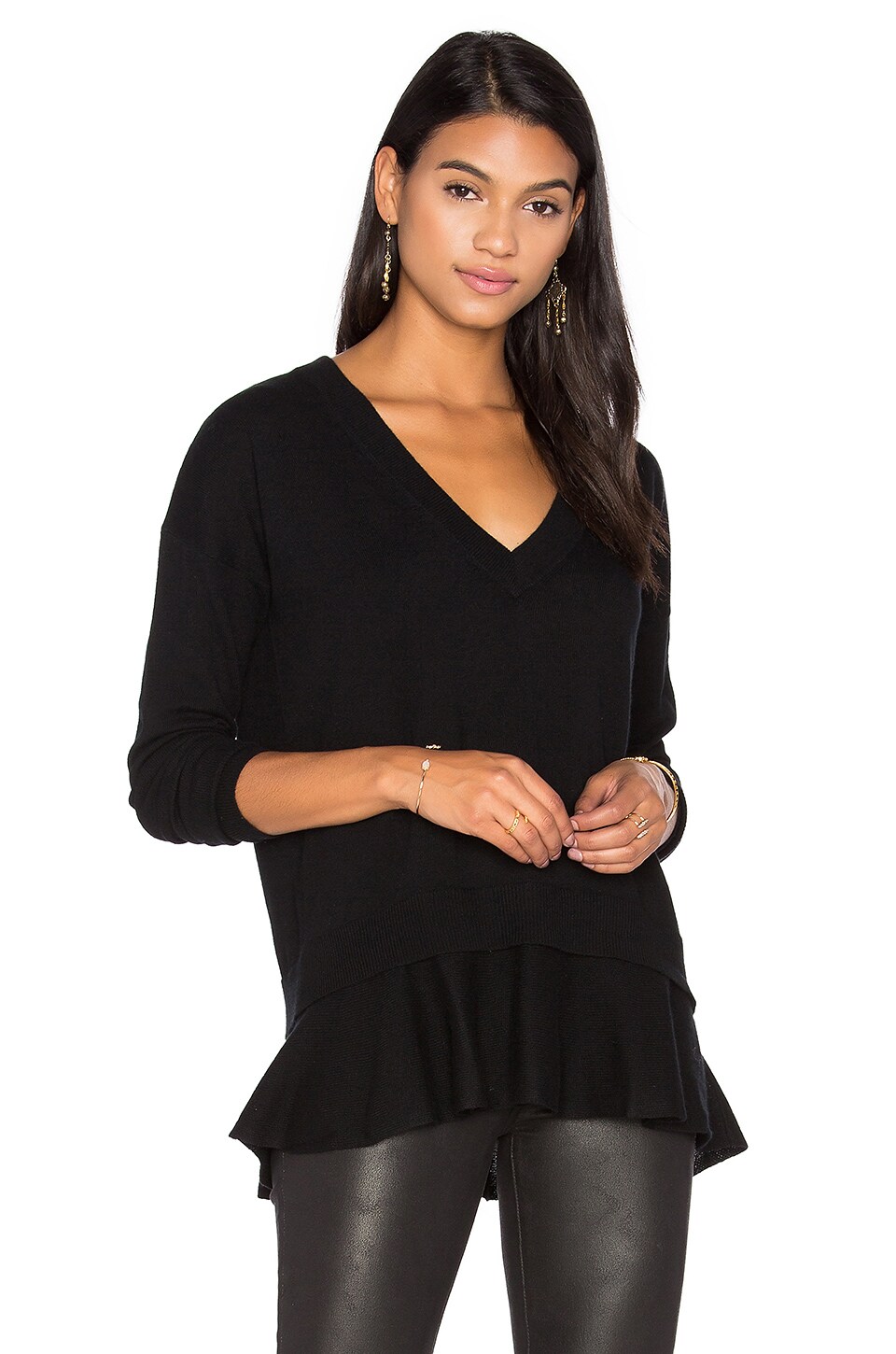 Autumn Cashmere Ruffle V Neck Sweater in Black | REVOLVE