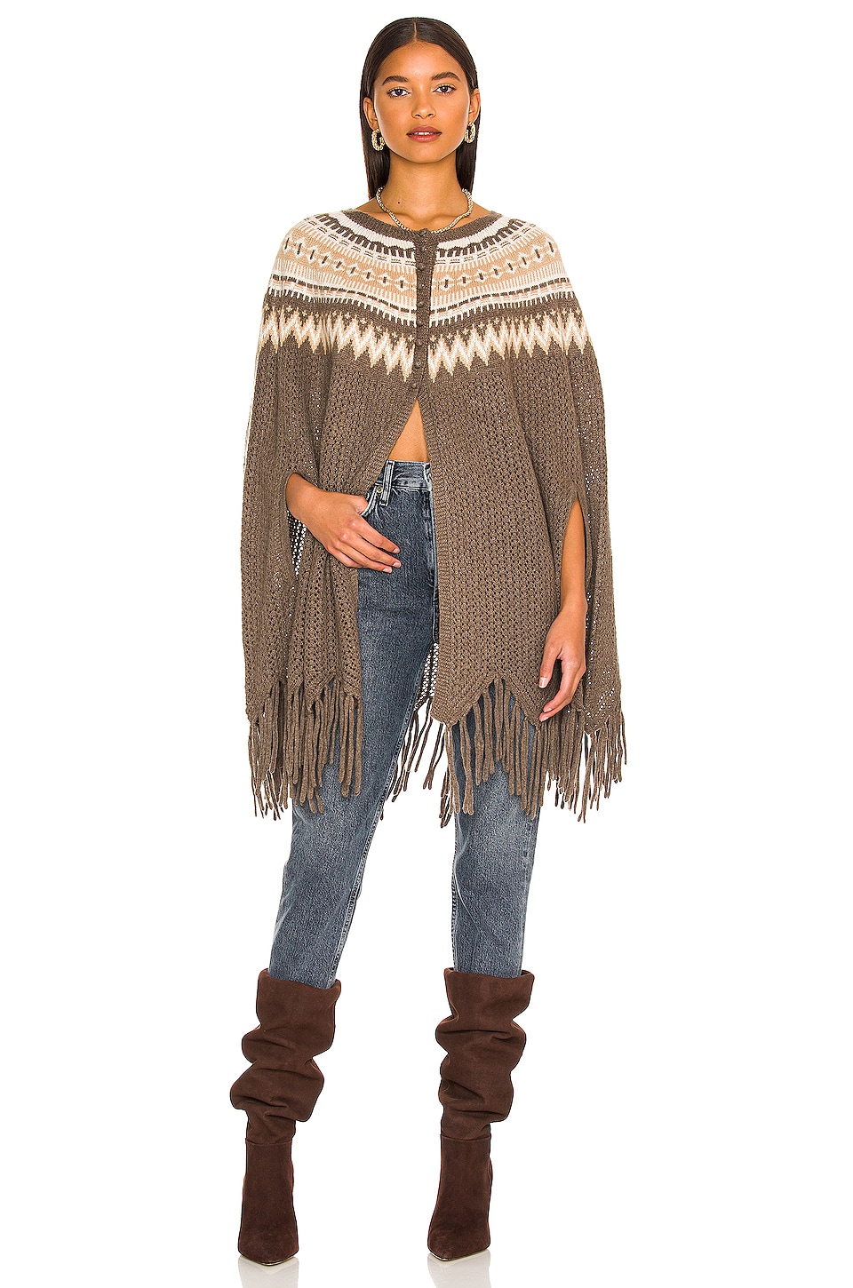 Autumn Cashmere Fair Isle Pointelle Fringe Poncho in Driftwood & Camel ...