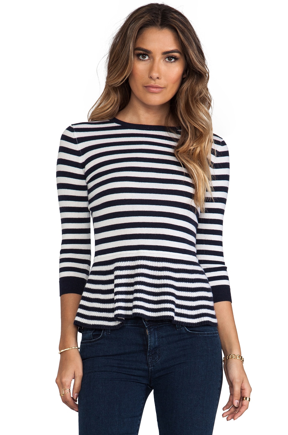 Autumn Cashmere Striped 3/4 Sleeve Peplum Top in Navy & White & Shock ...