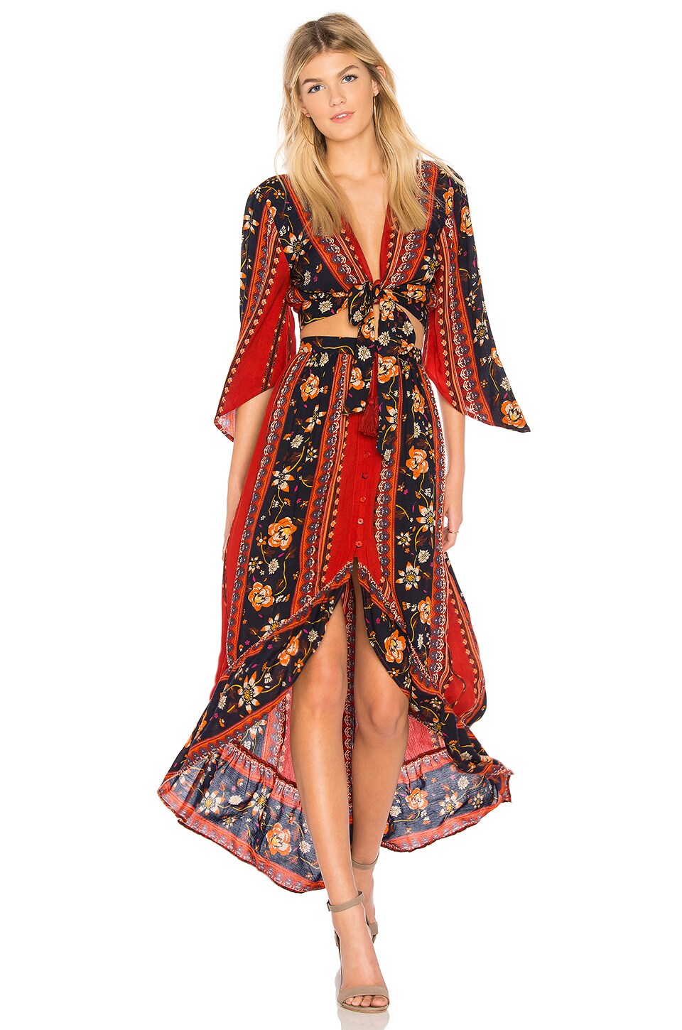 Band Of Gypsies Bohemian Tie Front Blouse In Rust And Navy Revolve