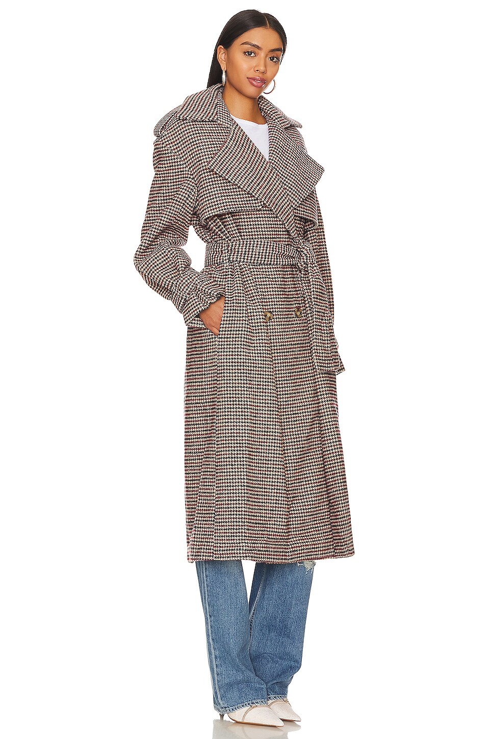 Bardot Oversized Check Trench in Burgundy Check | REVOLVE