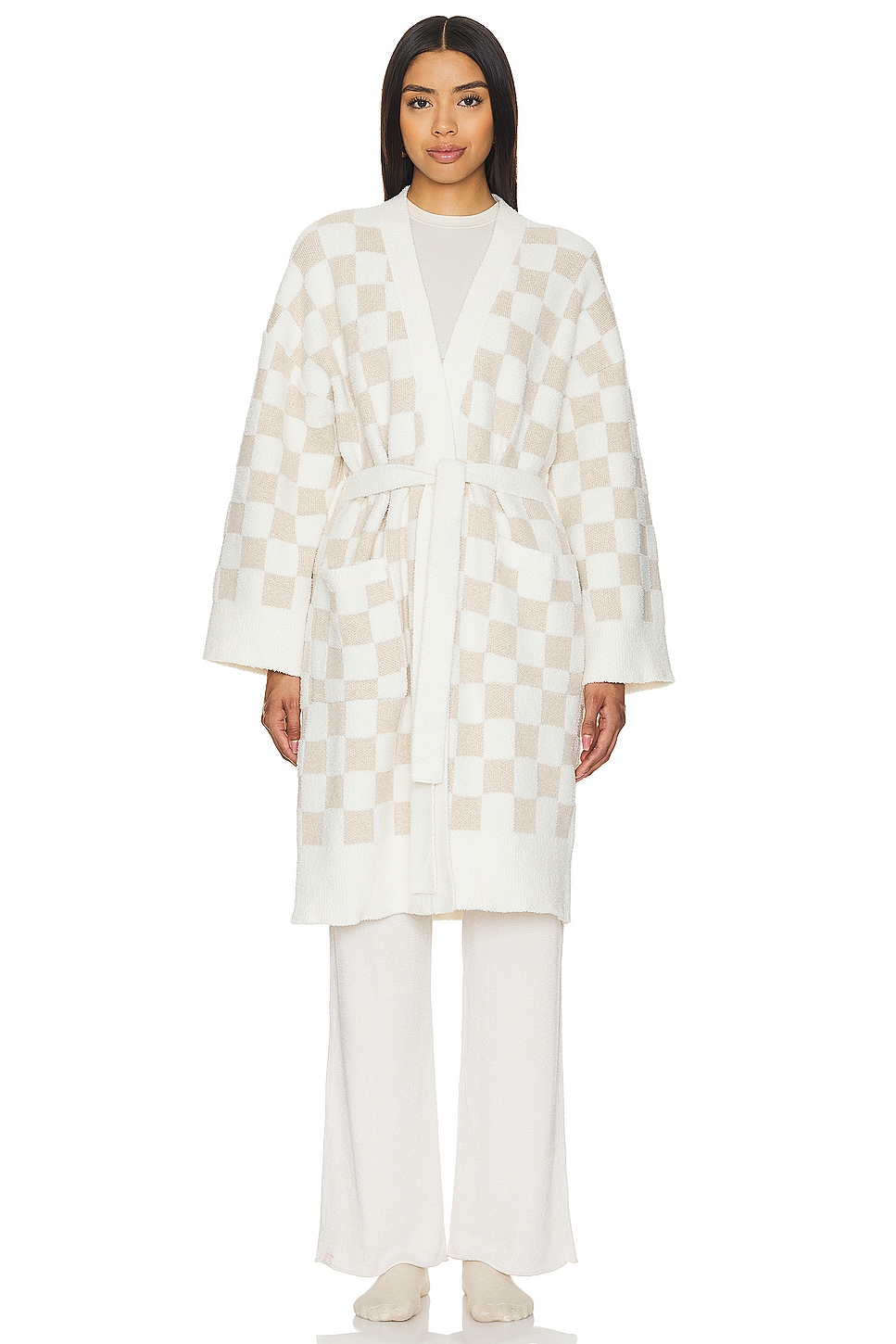 Barefoot Dreams CozyChic Cotton Checkered Robe in Oatmeal & Cream | REVOLVE