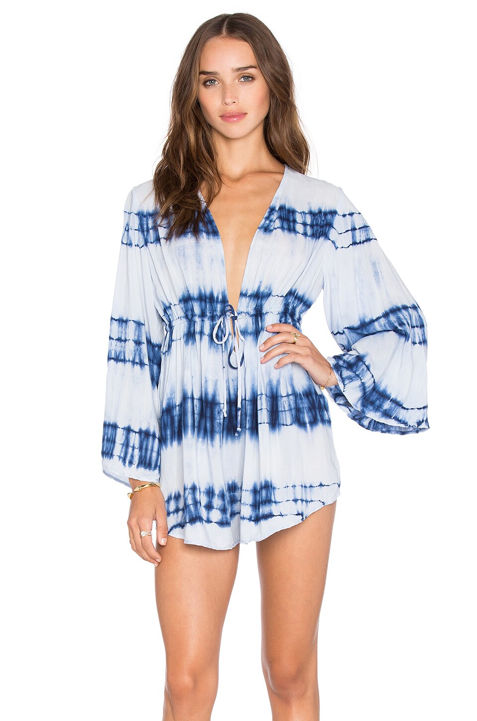 Blue Life Boho Sleeve Deep V Romper in Vintage Track | REVOLVE