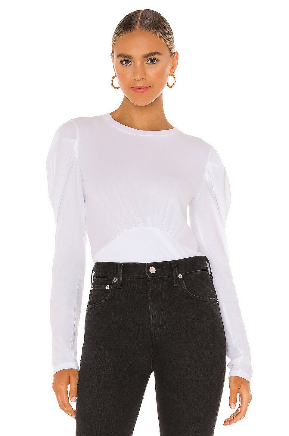 Bobi Light Weight Jersey Puff Shoulder Top in White | REVOLVE