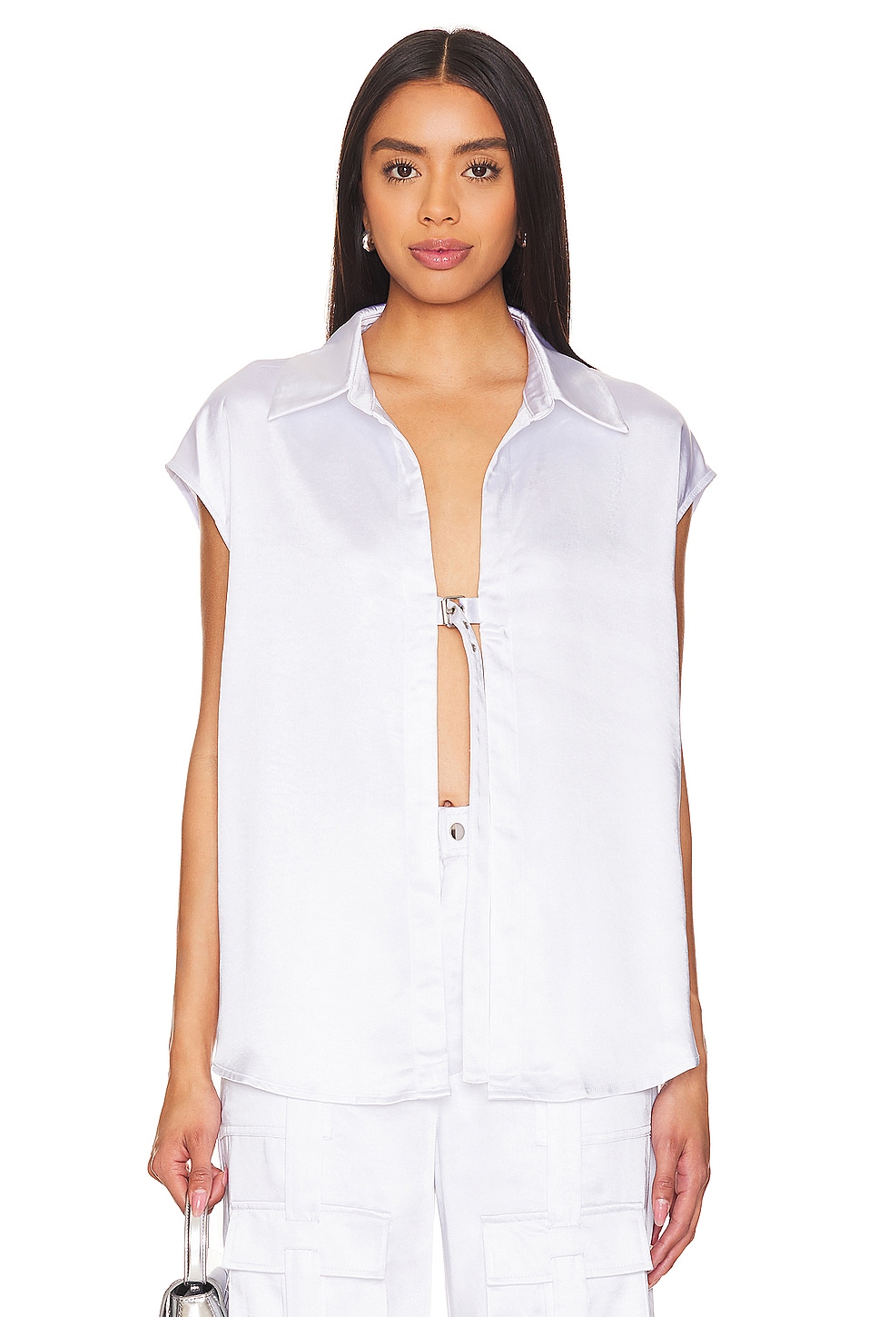 BY.DYLN Andi Sleeveless Shirt in White Satin | REVOLVE