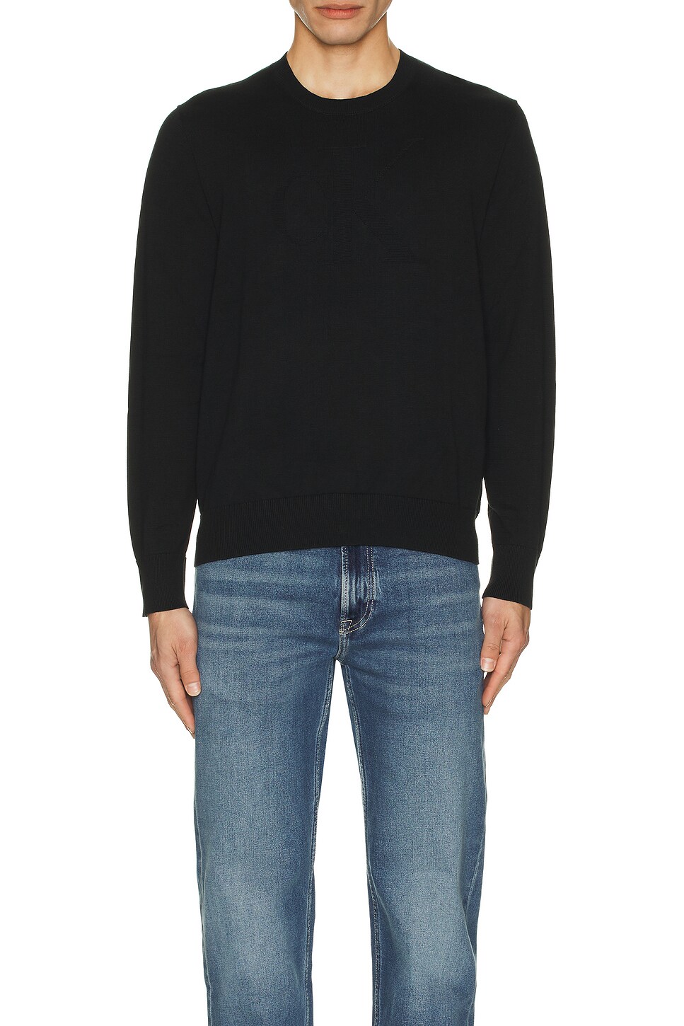 Calvin Klein Tonal Logo Smooth Cotton Crewneck Sweater in Black | REVOLVE