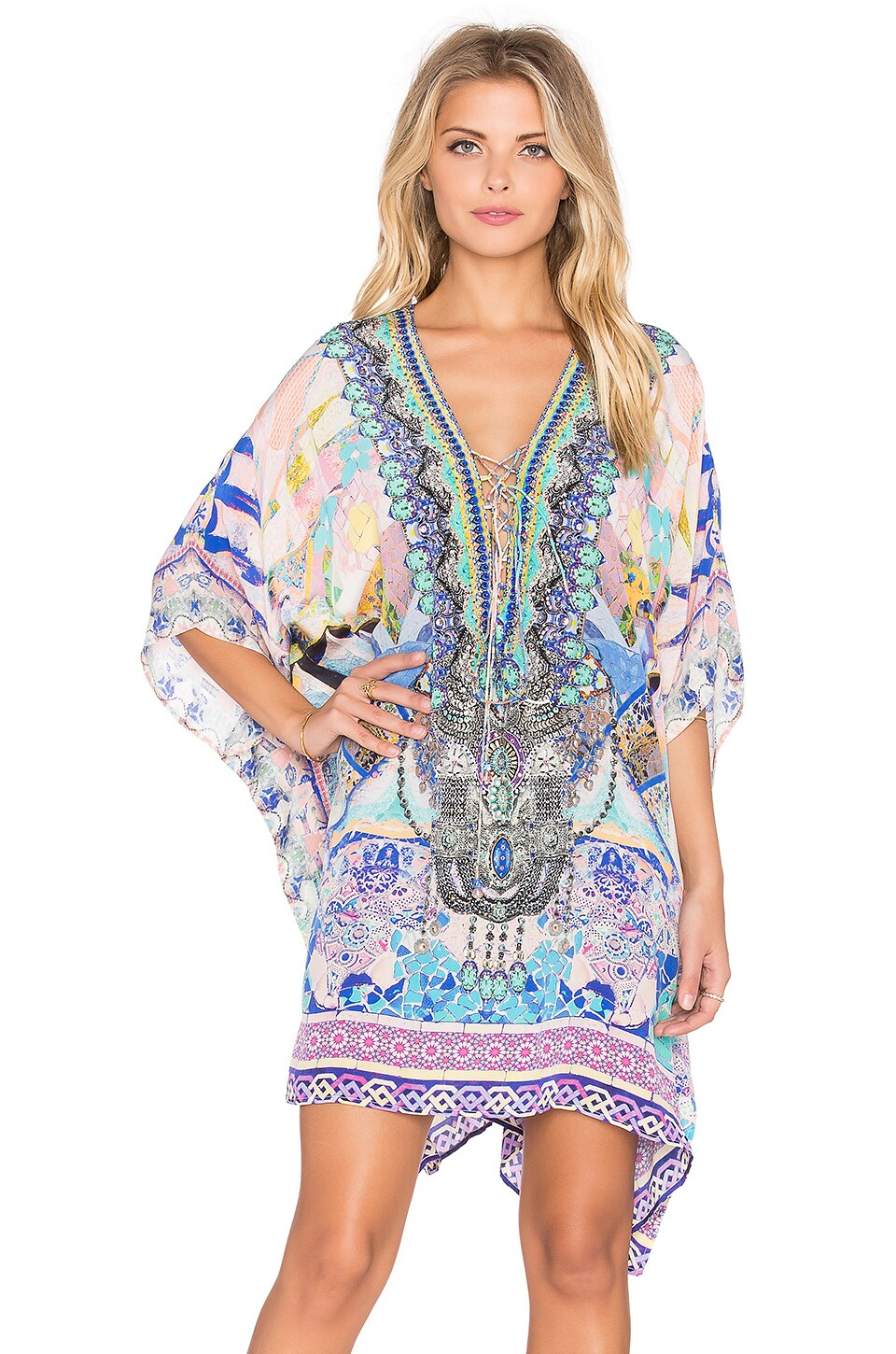 Camilla Short Lace Up Caftan in Gaudi Tribute | REVOLVE