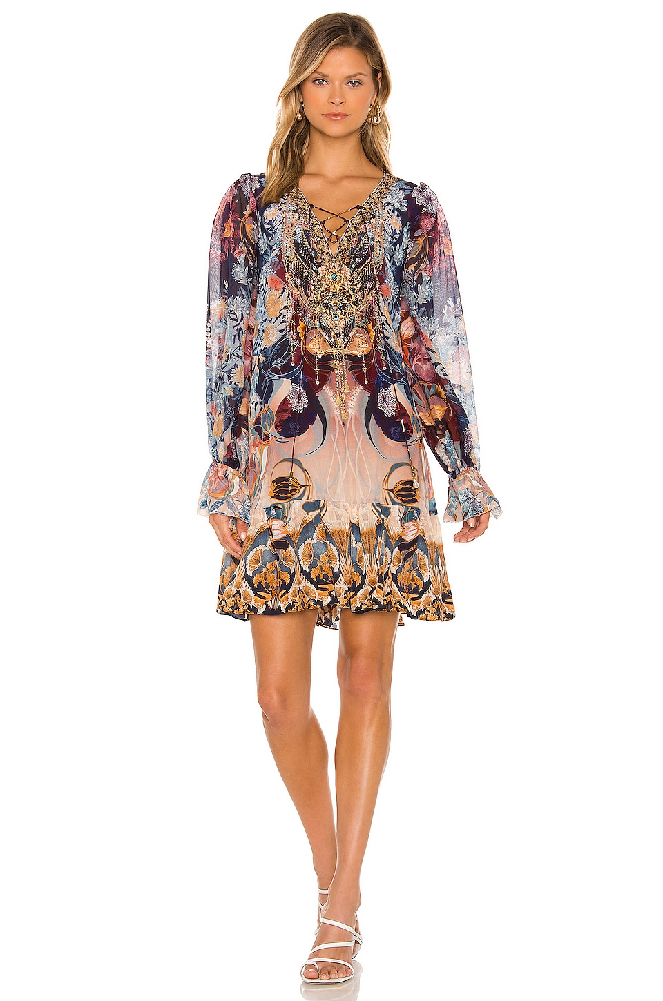 Camilla Ruffle Lace Up Dress in Nouveau Nights | REVOLVE