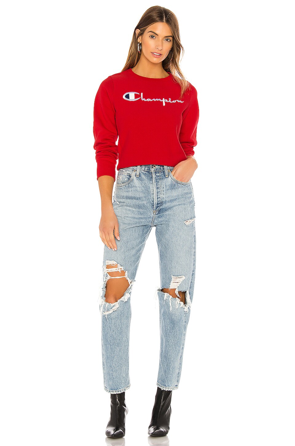Champion Logo Sweatshirt in Red Spark | REVOLVE