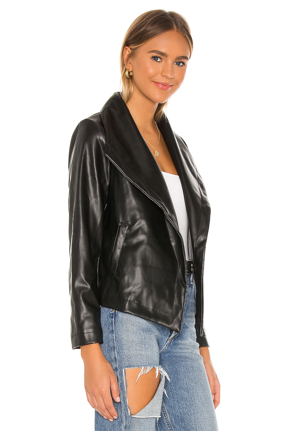 Chaser Matte Vegan Leather Drape Front Jacket in Black | REVOLVE