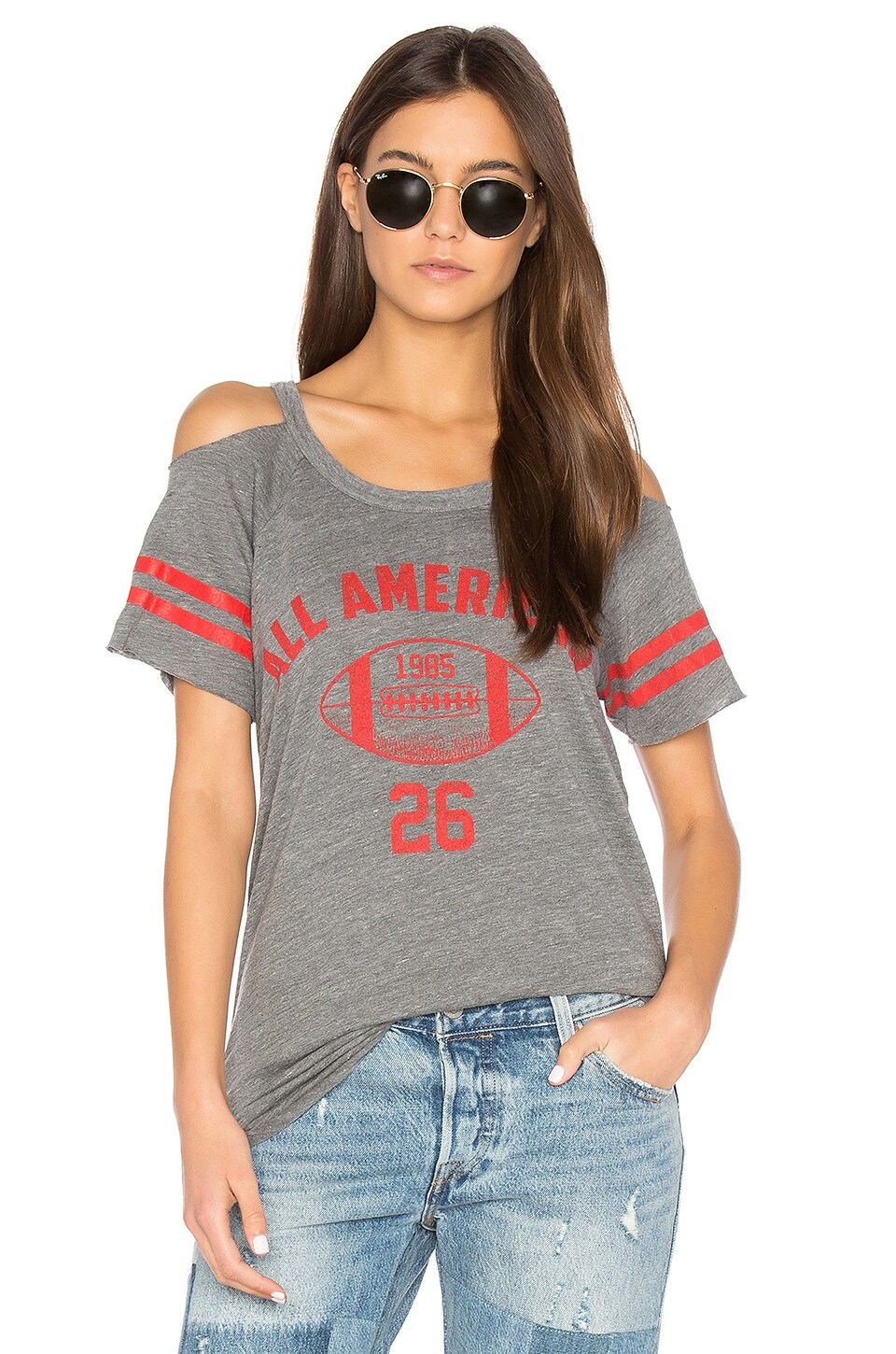 Chaser Striped Sleeve Cold Shoulder Tee in Streaky Grey | REVOLVE