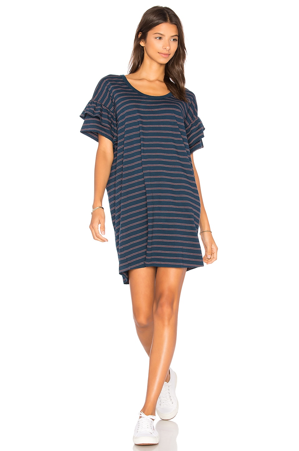 Current/Elliott The Ruffle Roadie Dress in Blue Wing Teal Split Stripe ...