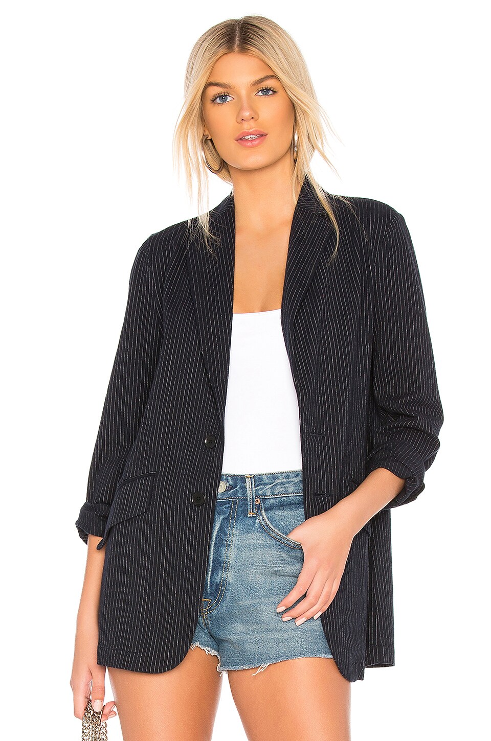 Current/Elliott The Late Night Stripe Blazer in Navy Pinstripe | REVOLVE