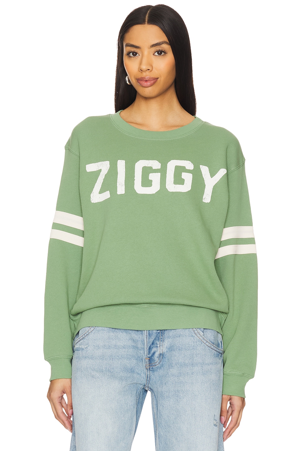 DAYDREAMER Ziggy Stardust Varsity Sweatshirt in Stone Green | REVOLVE