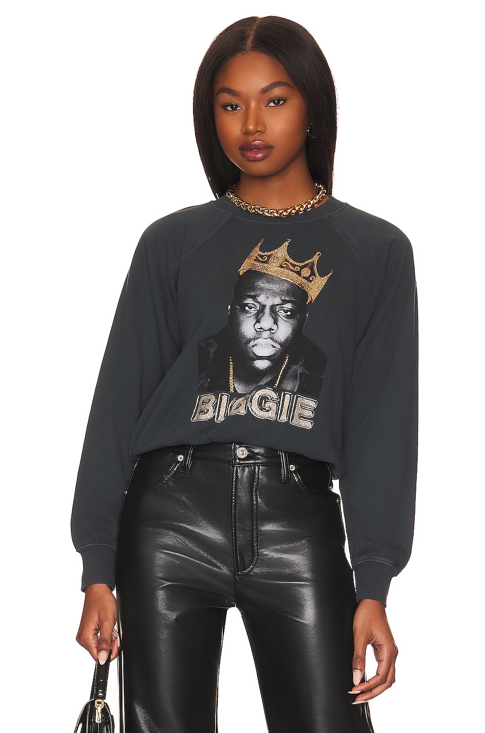 DAYDREAMER Biggie Gold Crown Raglan Crew in Vintage Black | REVOLVE