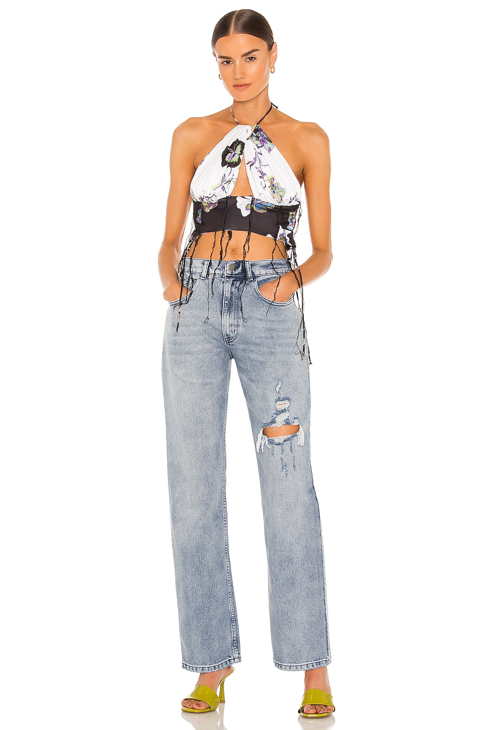 GUIZIO Distressed Cut-Out Halter Top in Trippy Floral | REVOLVE