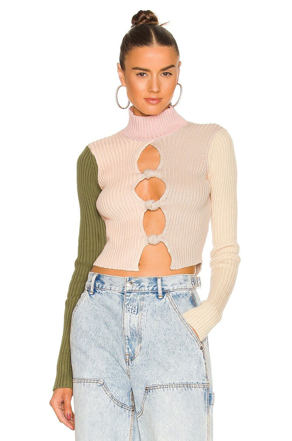 DANIELLE GUIZIO Rib Knit Knotted Long Sleeve Top in Pink Cream Multi ...