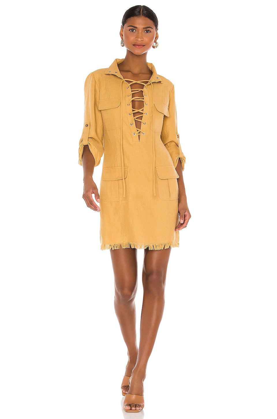 Divine Heritage Lace Up Mini Safari Dress in Driftwood | REVOLVE