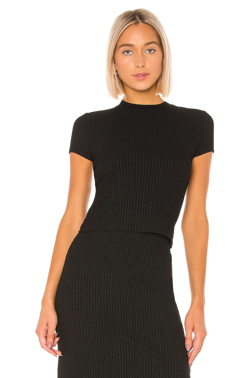 David Lerner Cap Sleeve Crew Neck Crop Top in Black | REVOLVE