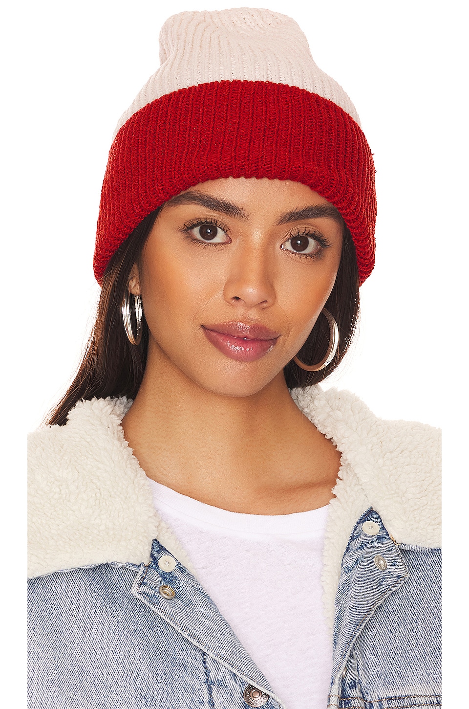 DONNI. Two-Tone Beanie in Creme & Currant | REVOLVE