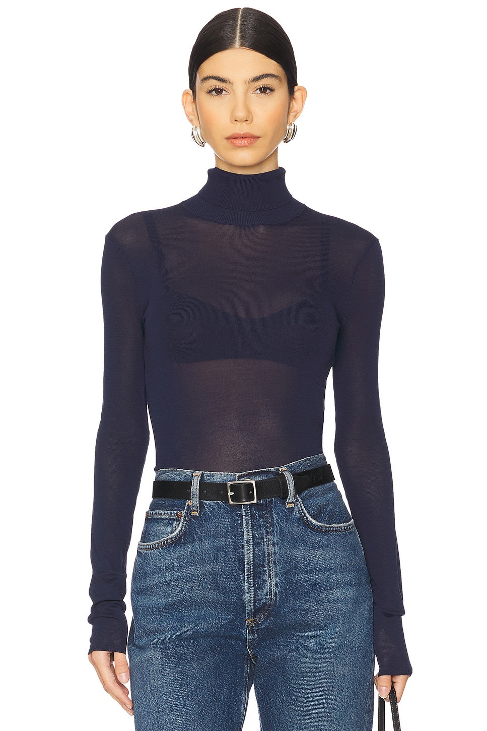 EAVES Alexander Sheer Turtleneck Sweater in Dark Navy | REVOLVE