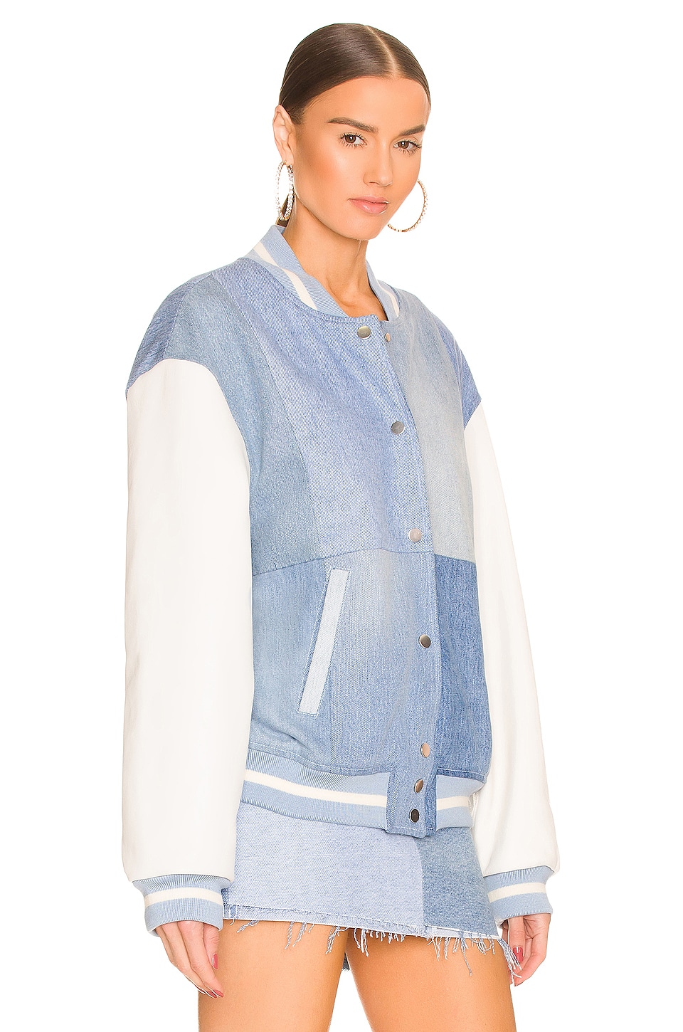 EB Denim Varsity Jacket in Light Blue and Ivory | REVOLVE