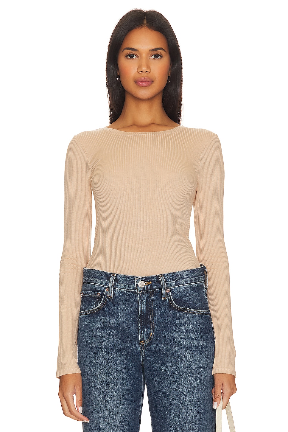 Enza Costa Silk Cashmere Rib Slim Crew in Buff | REVOLVE