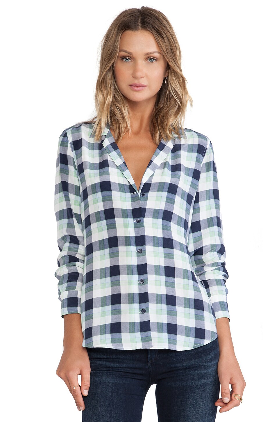 Equipment Adalyn Paramount Plaid Blouse in Bright White & Peacoat | REVOLVE