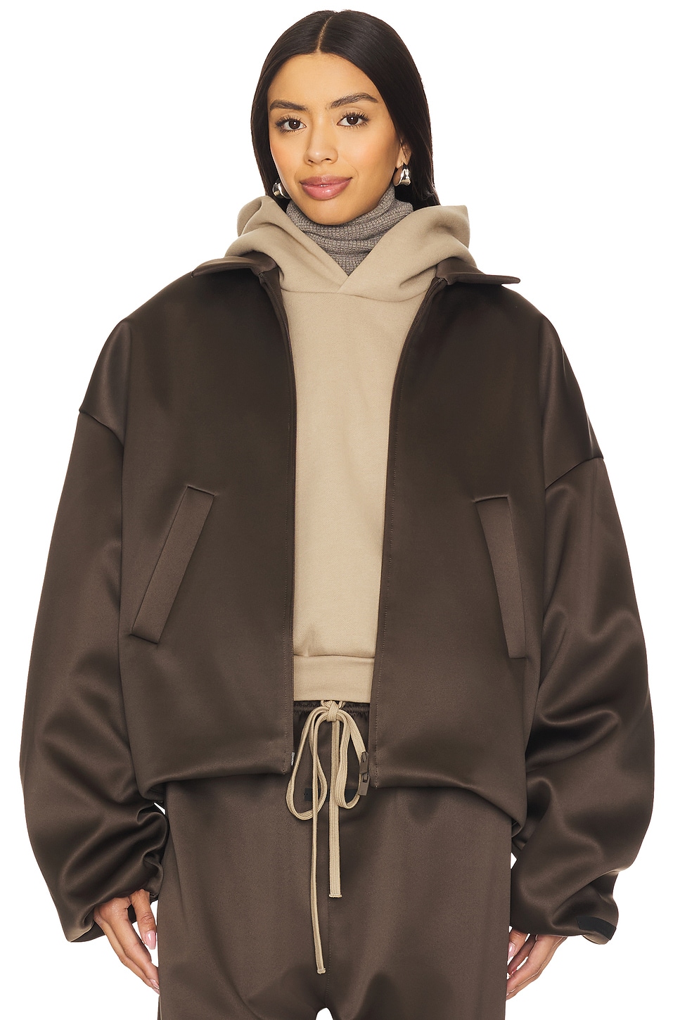 Fear of God ESSENTIALS Satin Bomber Jacket in Brown | REVOLVE