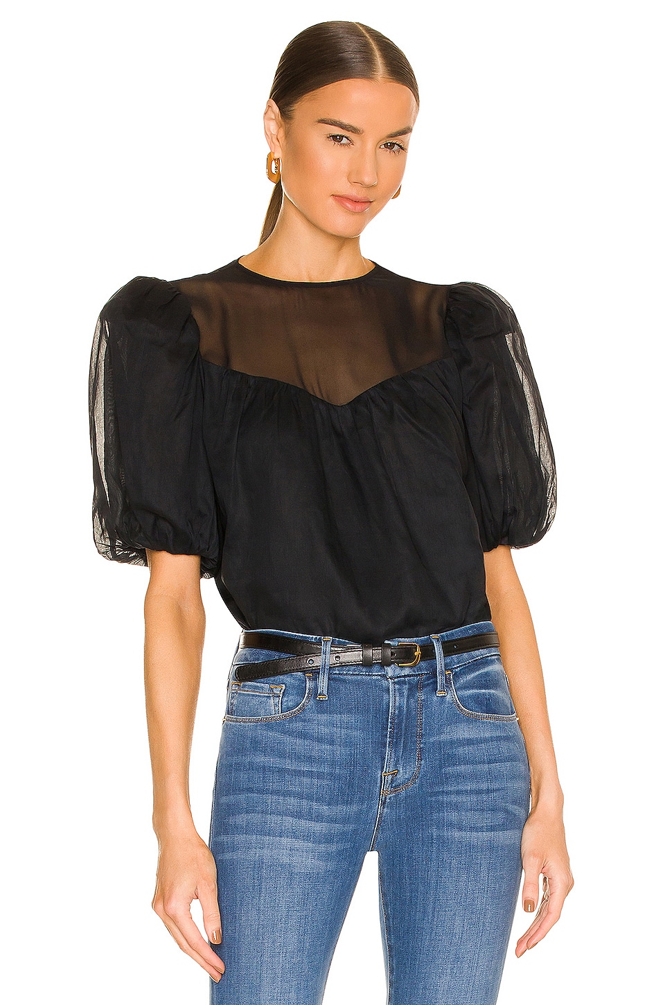 FRAME Sheer Inset Top in Noir | REVOLVE