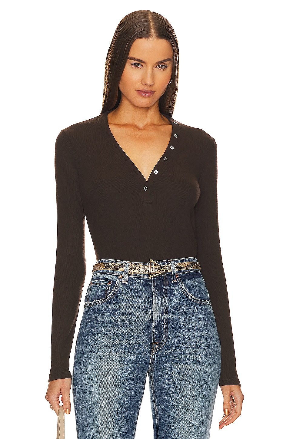 FRAME Slinky Rib Henley in Espresso | REVOLVE