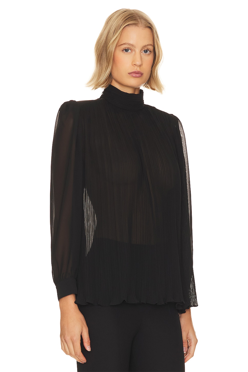 FRAME Strong Shoulder Pleated Blouse in Black in BLK | REVOLVE