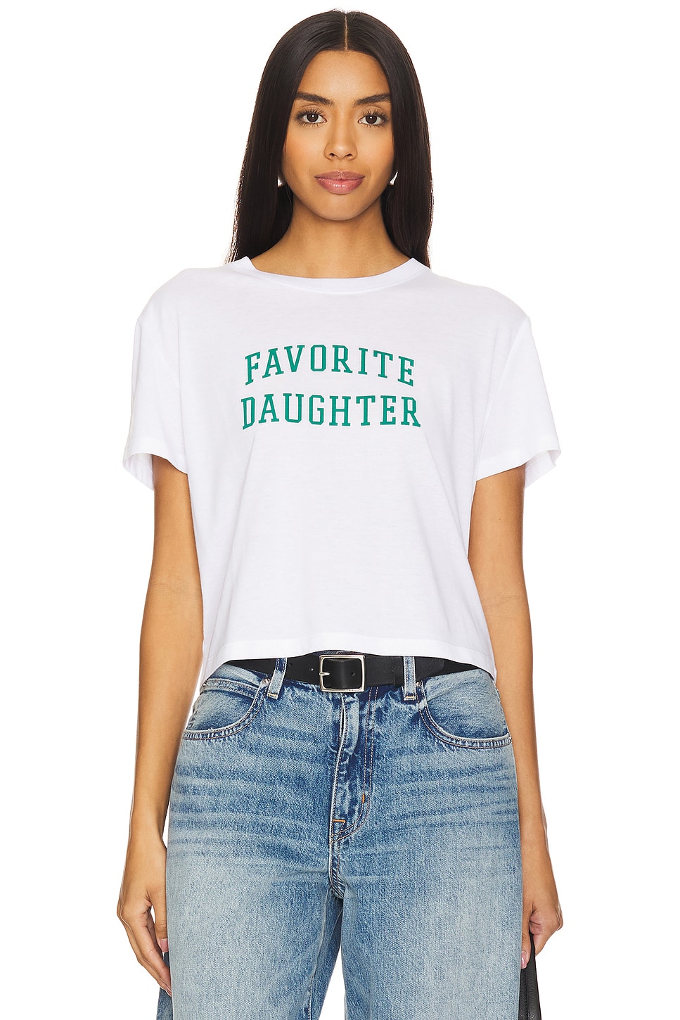 Favorite Daughter Cropped Collegiate Tee in White & Juniper | REVOLVE