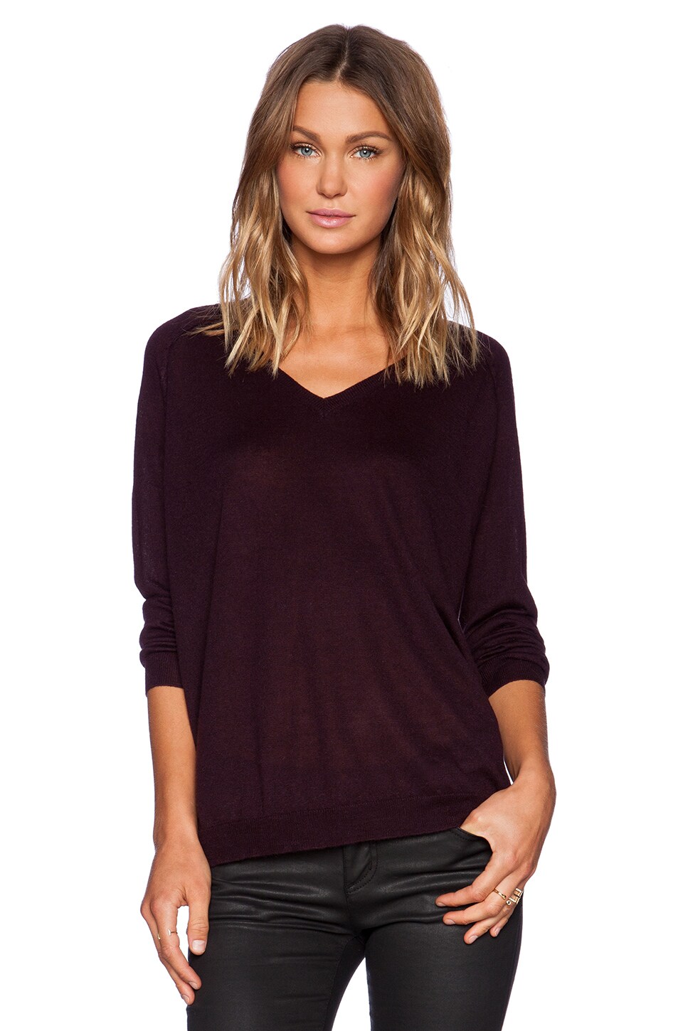 Fine Collection Slouchy V Neck Sweater in Dark Wine | REVOLVE