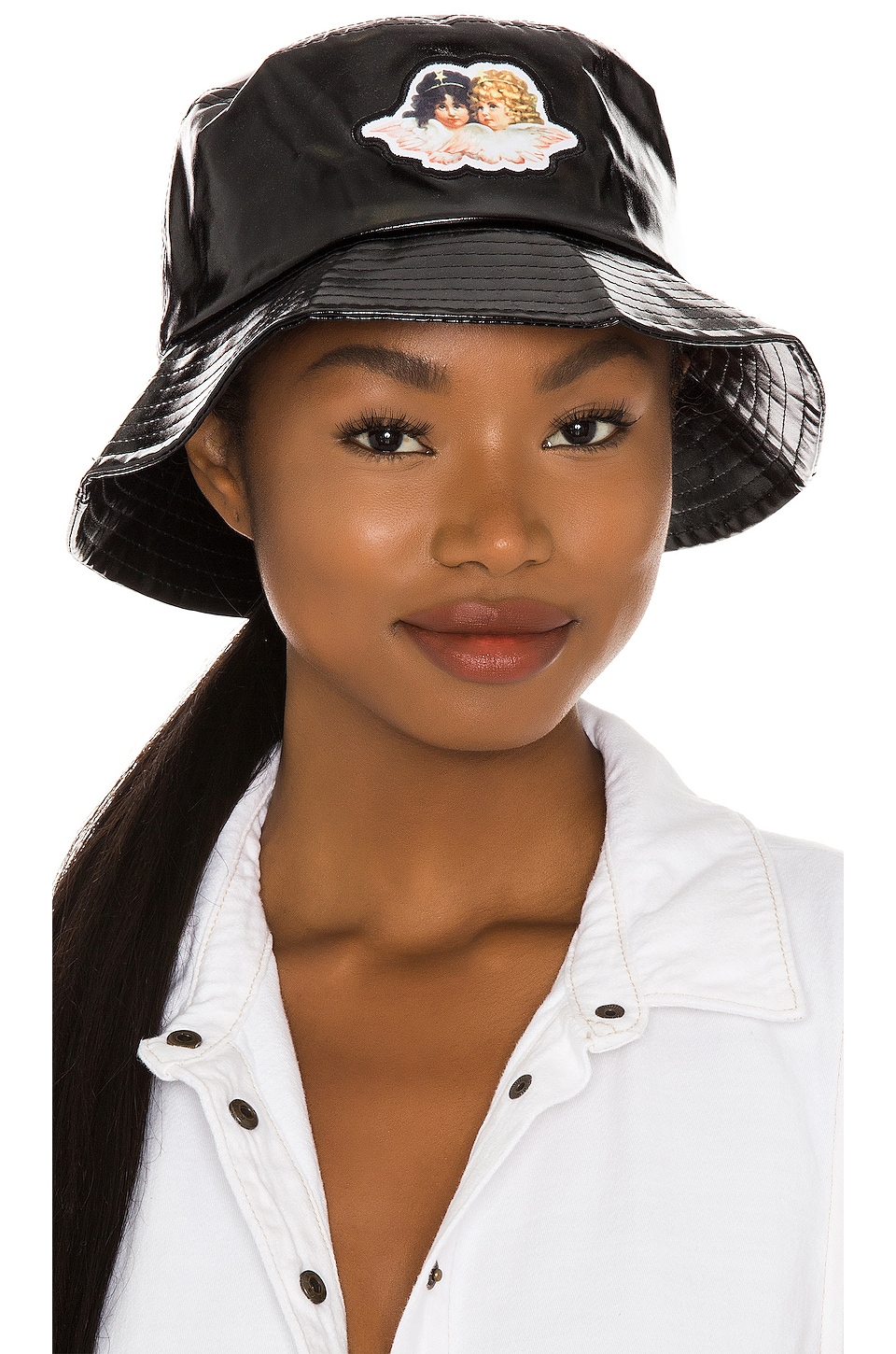 FIORUCCI Angels Vinyl Bucket Hat in Black | REVOLVE