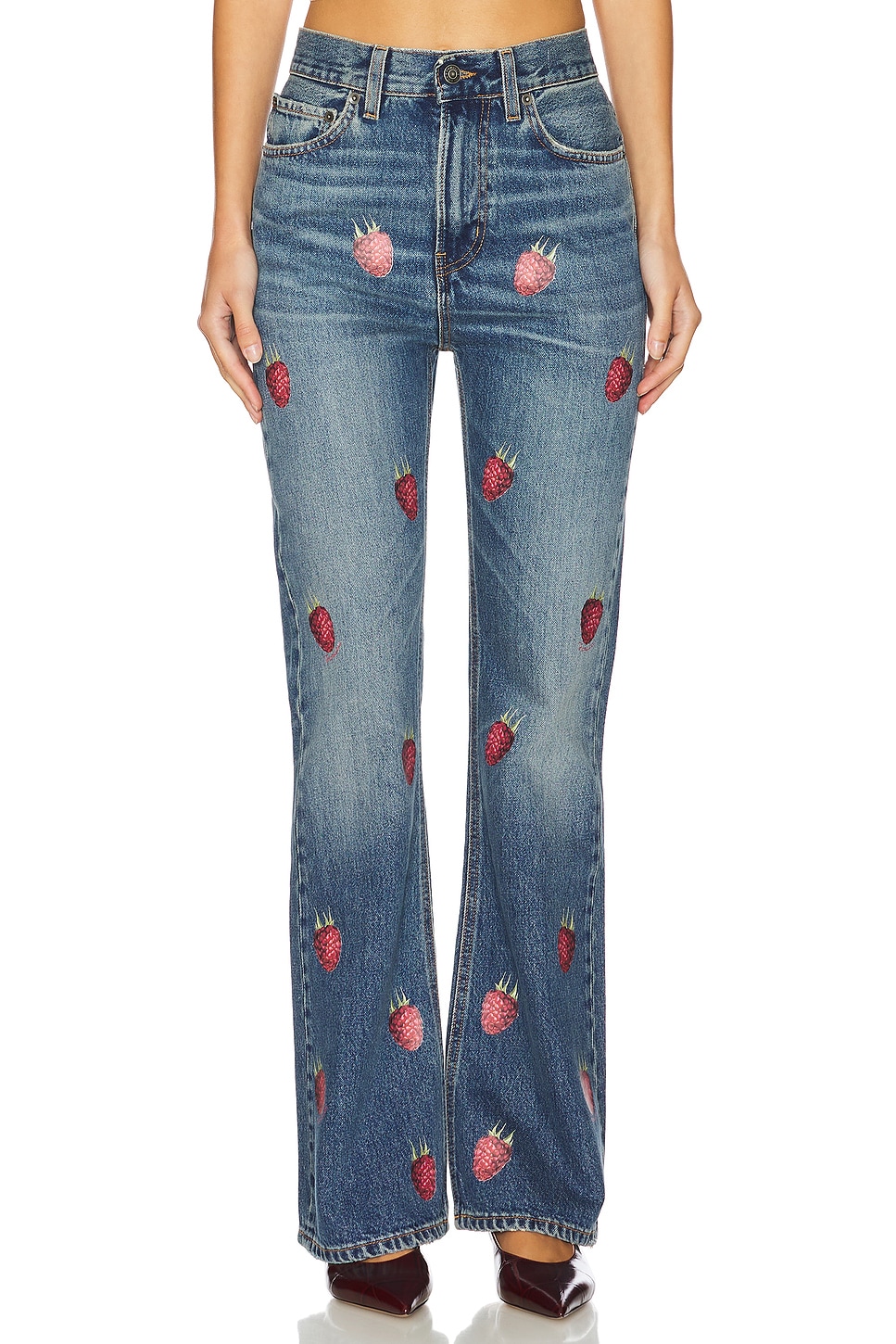 FIORUCCI Raspberry Print Flare Jeans in Medium Blue | REVOLVE