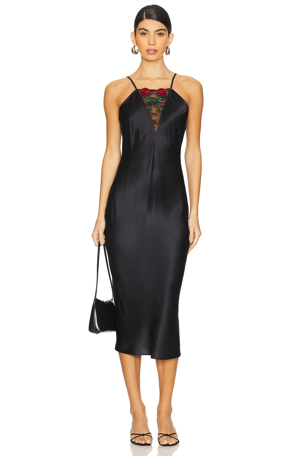 fleur du mal Bleeding Rose Embroidery Slip Dress in Black | REVOLVE