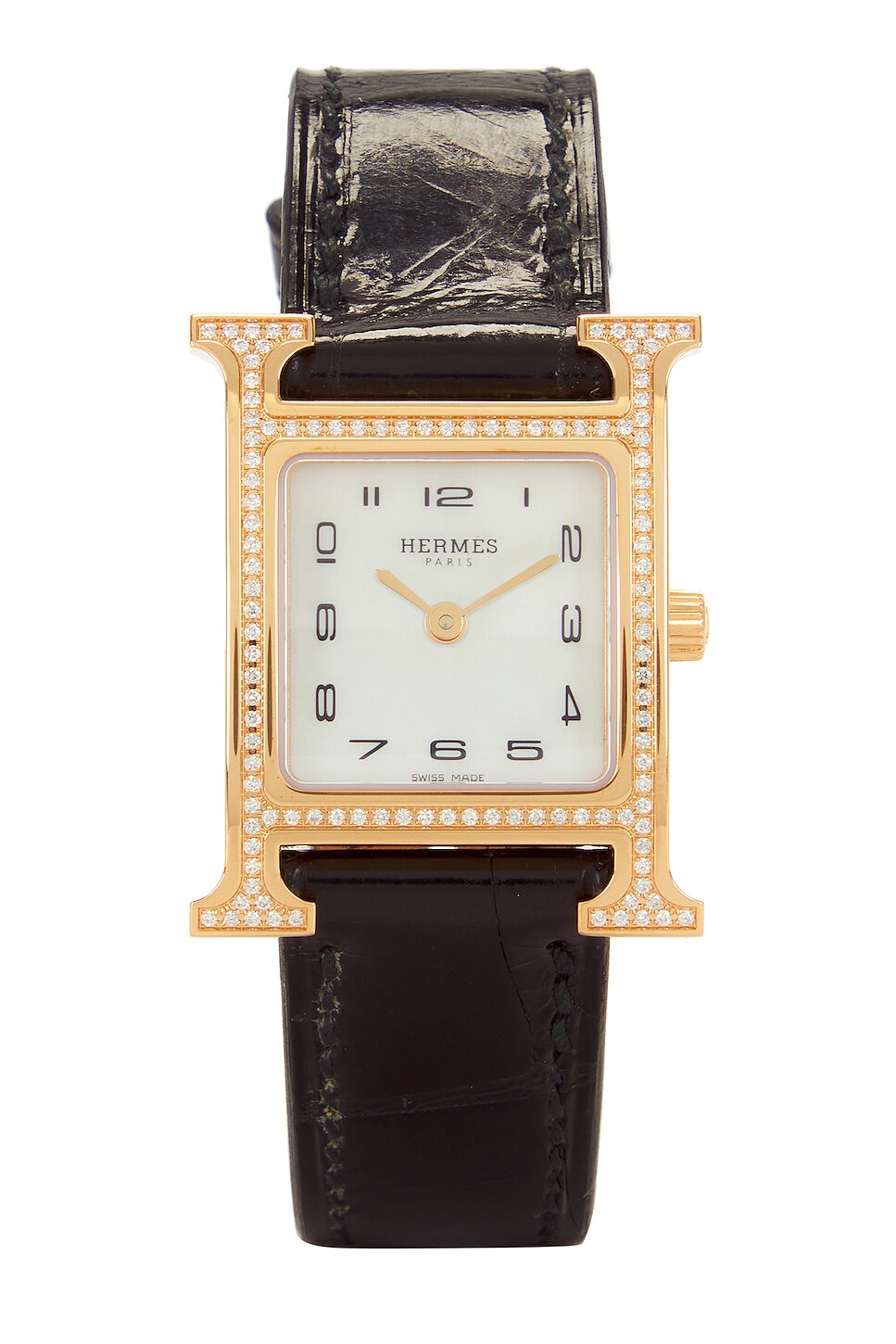 FWRD Renew Hermes Heure H Watch in Gold & Black Alligator | REVOLVE