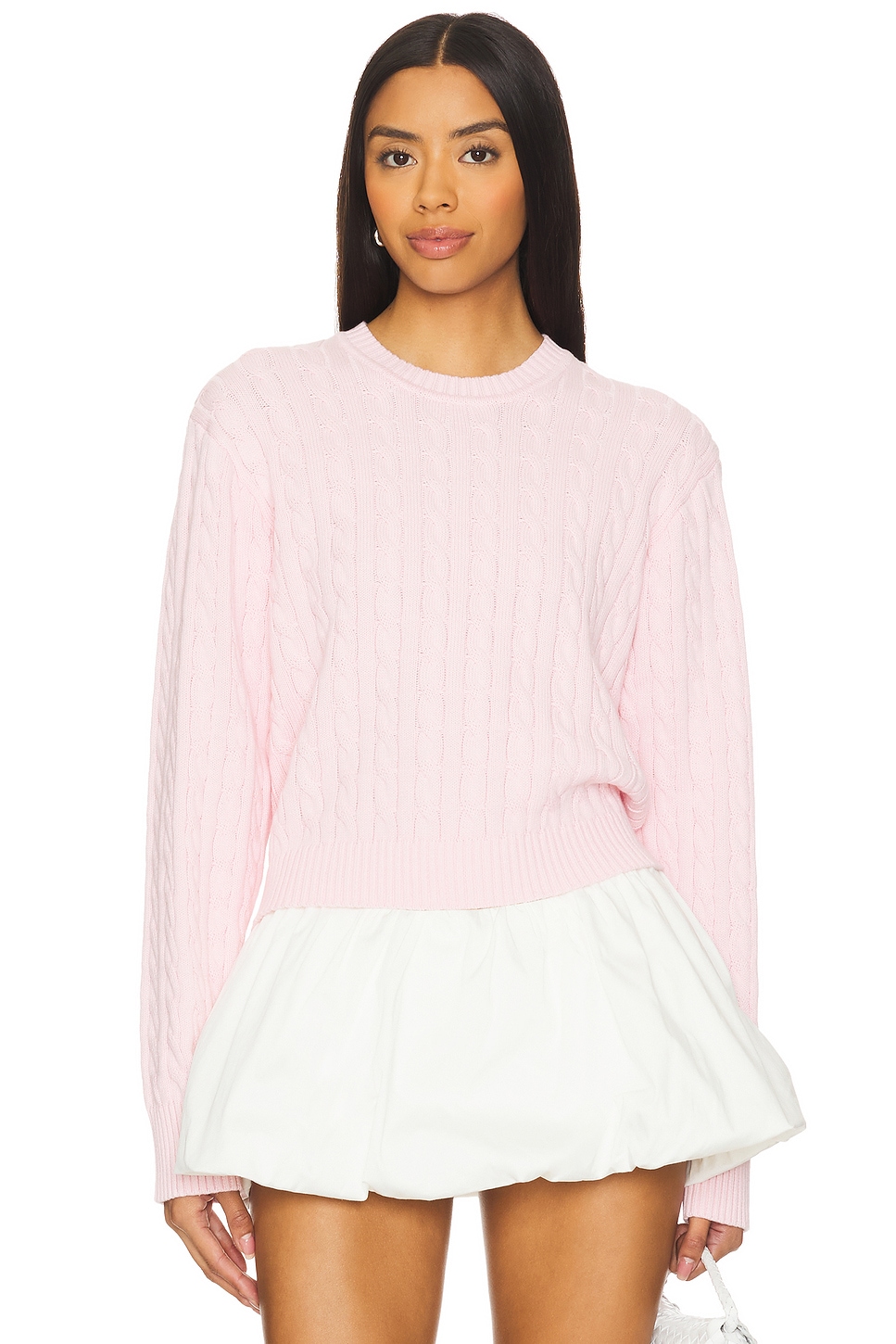 Frankies Bikinis Varsity Cable Knit Sweater in Cozy Pink | REVOLVE