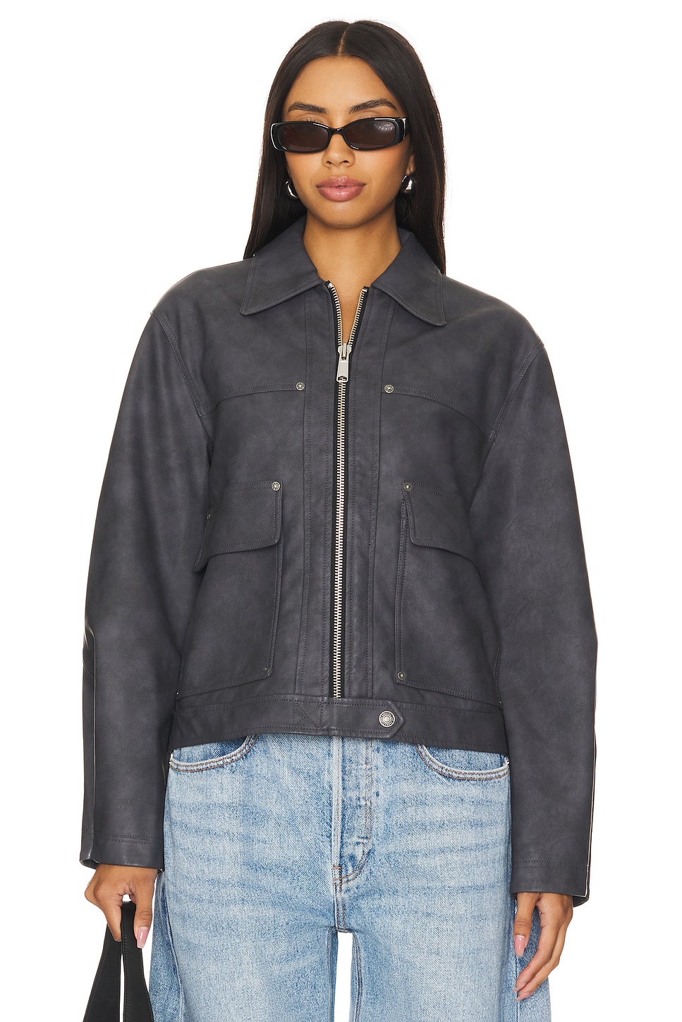 Free People x We The Free Blair Faux Leather Jacket in Charcoal Combo ...