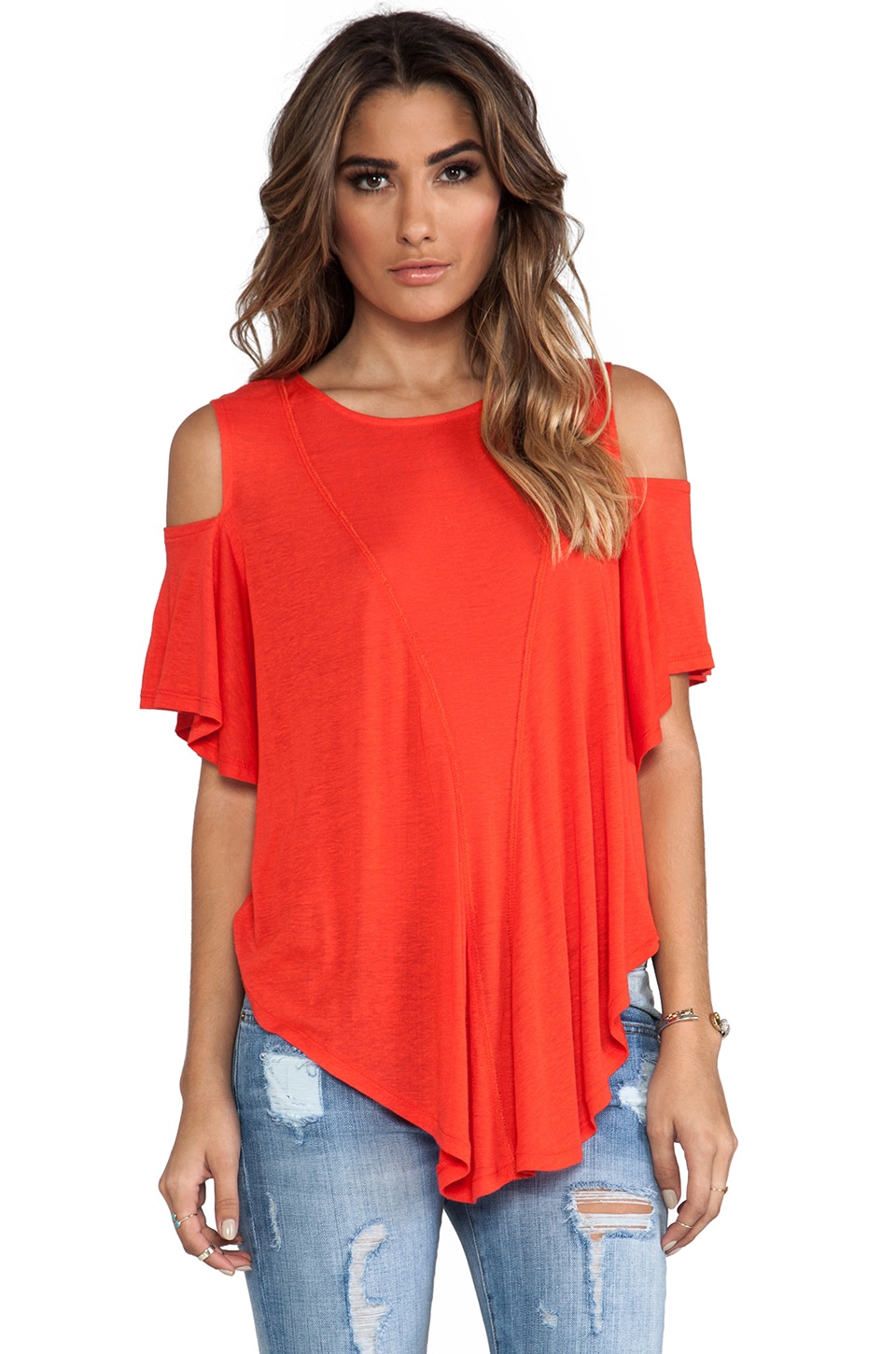 Free People Cold Shoulder Seamed Top in Bright Red | REVOLVE