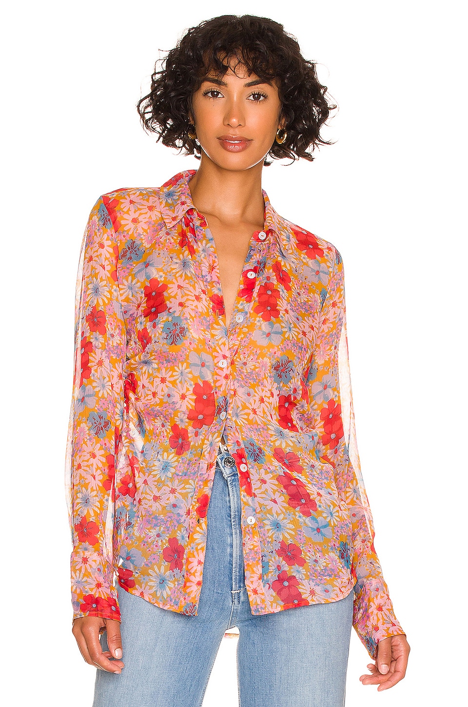 Free People x REVOLVE Mathilda Slim Buttondown in Gold Combo | REVOLVE